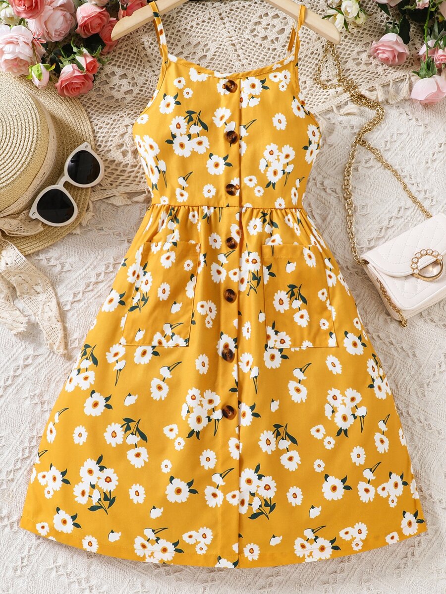 Tween Girl Floral Print Button Front Cami Dress | SHEIN USA