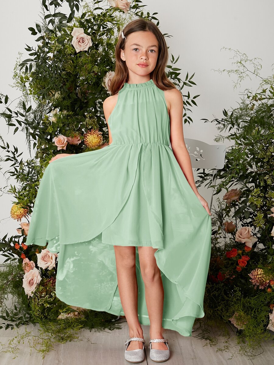 SHEIN Tween Girl Solid High Low Hem Chiffon Halter Overlay Dress ...