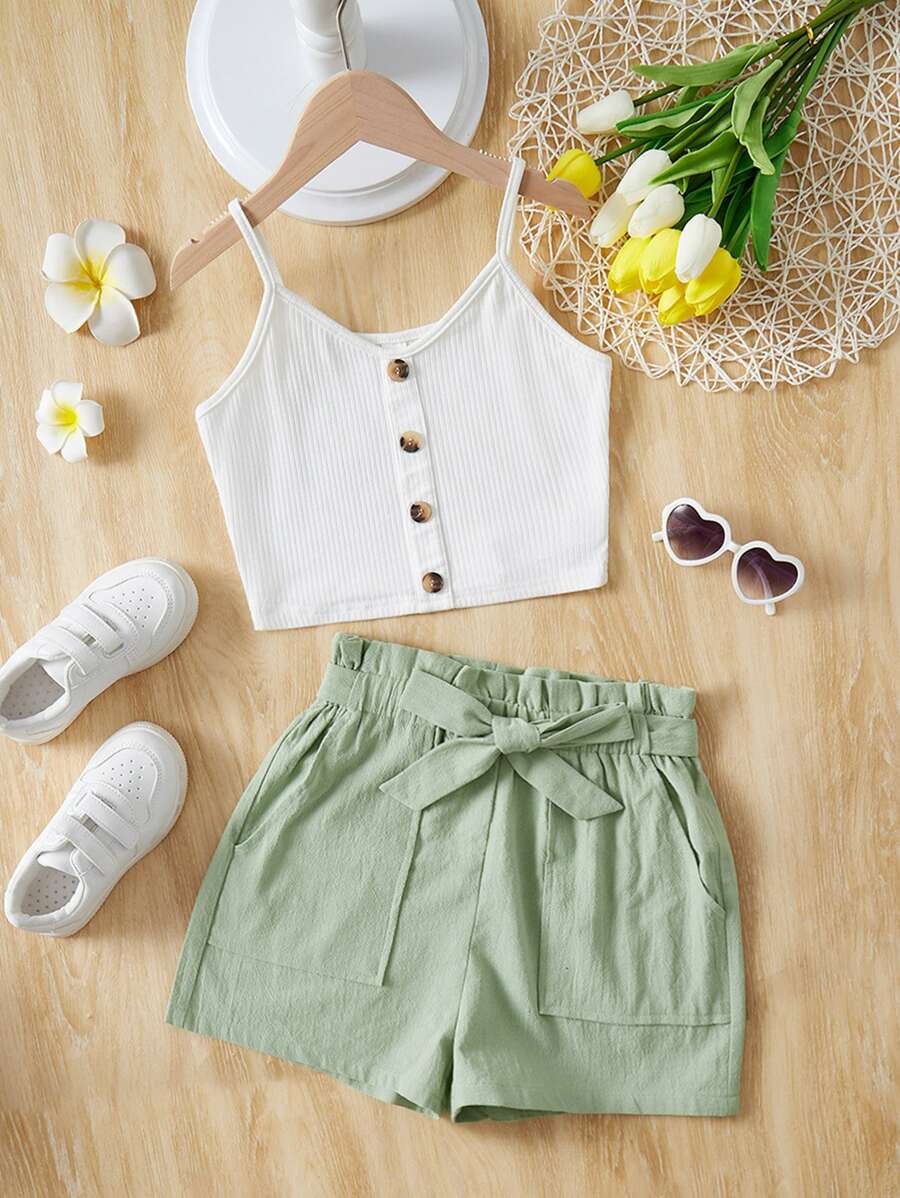 Shein Teen Girls Button Front Cami Top And Paperbag Waist Belted Shorts