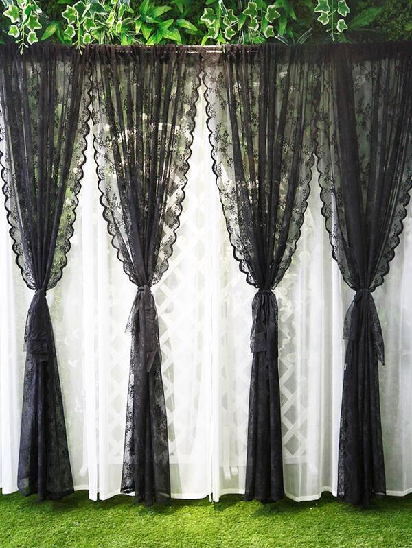 Floral Pattern Scallop Trim Single Panel Sheer Curtain, Boho Black Lace ...