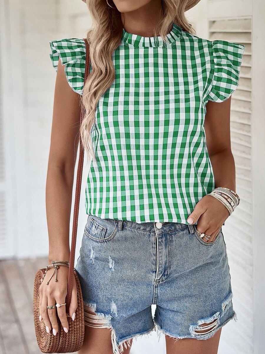 Breezaya Gingham Print Ruffle Trim Blouse | SHEIN USA