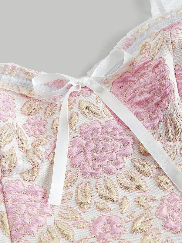 SHEIN MOD Tie Front Lace Trim Jacquard Wide Straps Top | SHEIN USA