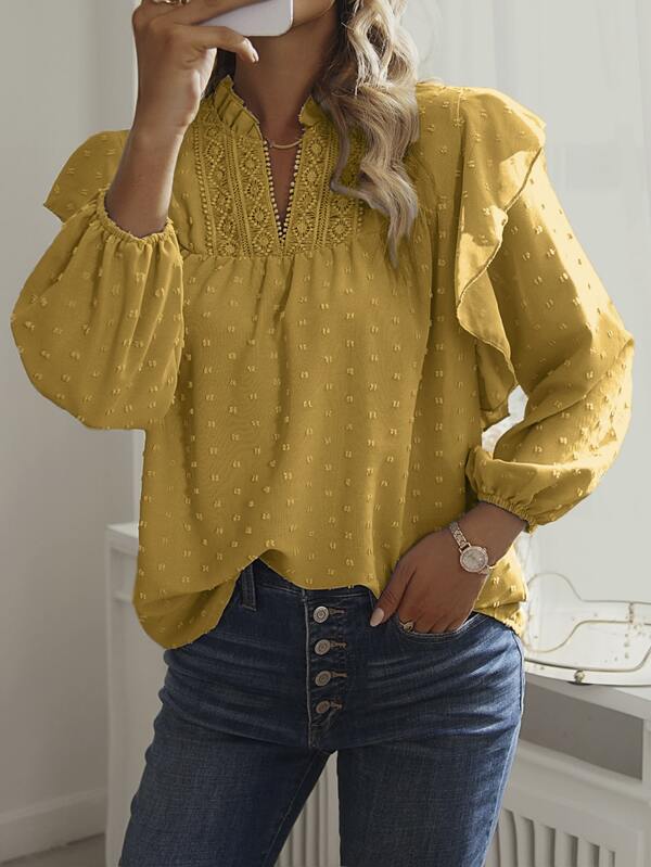 Shein Lune Blouse Point Suisse À Volants Manches Bouffantes Col Cranté