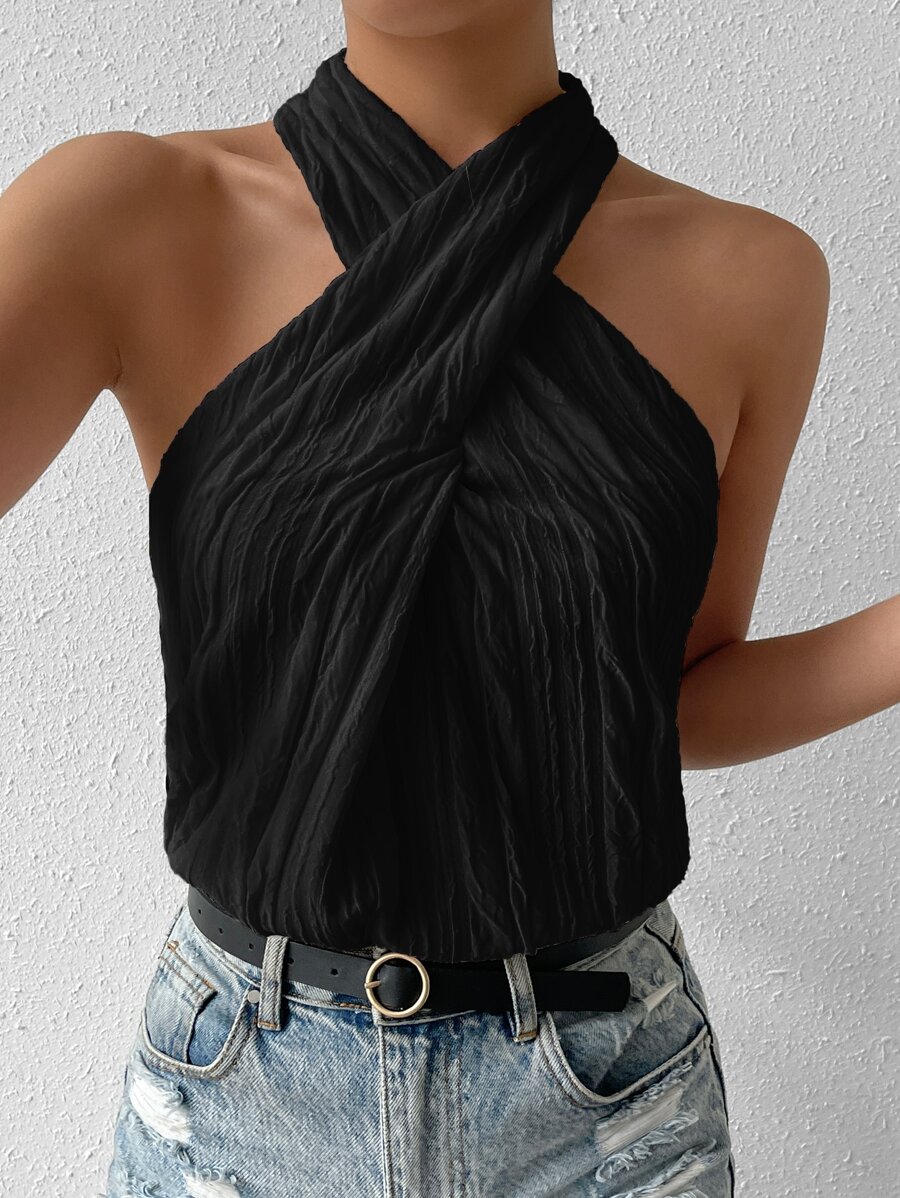 Chiquease Solid Criss Cross Halter Neck Blouse | SHEIN USA
