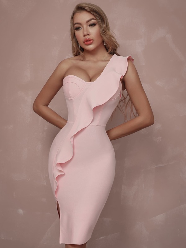 ADYCE One Shoulder Ruffle Trim Split Hem Bandage Dress | SHEIN USA