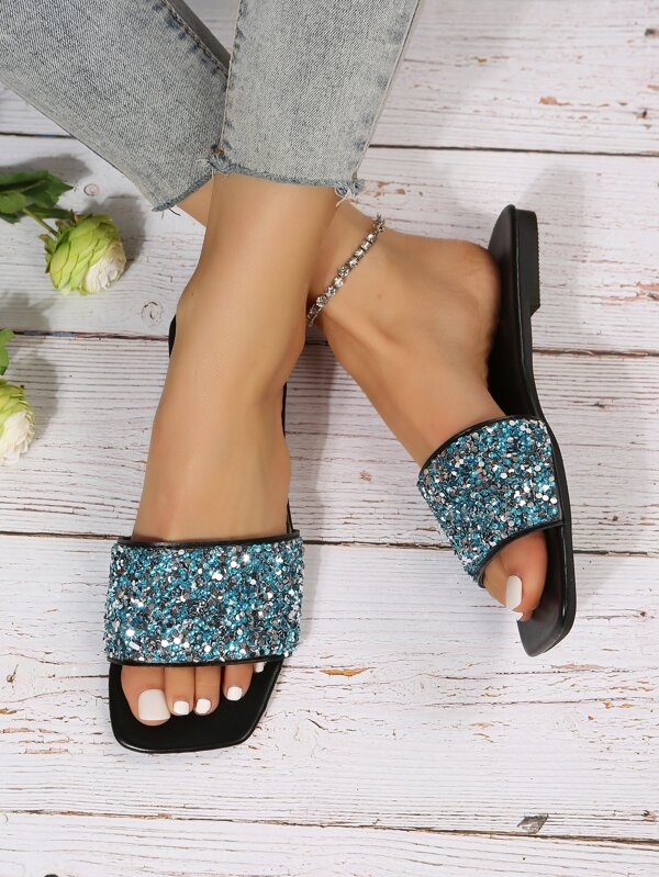 Glamorous Slide Sandals For Women, Sequins Shining Single Band Outdoor ...