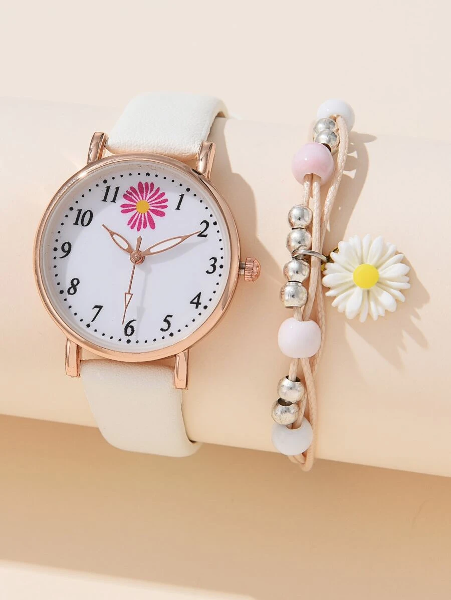 1 pieza con estampado de flor Reloj cuarzo de esfera & 1 pieza Pulsera ...