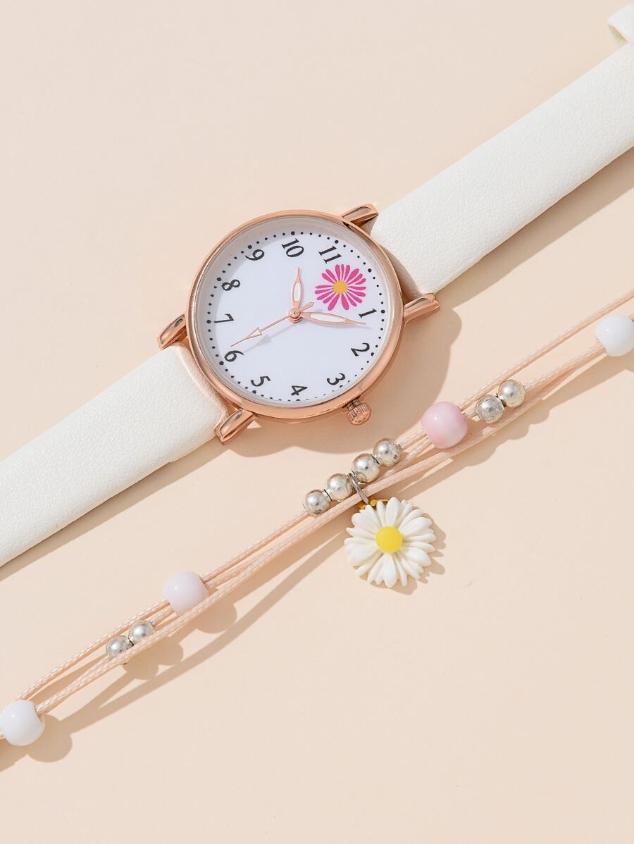 1 pieza con estampado de flor Reloj cuarzo de esfera & 1 pieza Pulsera ...