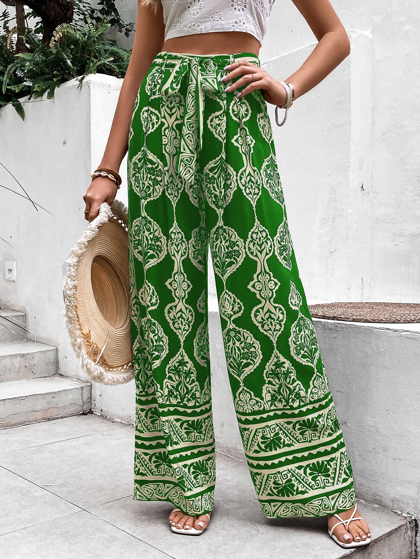 Shein Vcay Allover Print Belted Wide Leg Pants Shein Usa