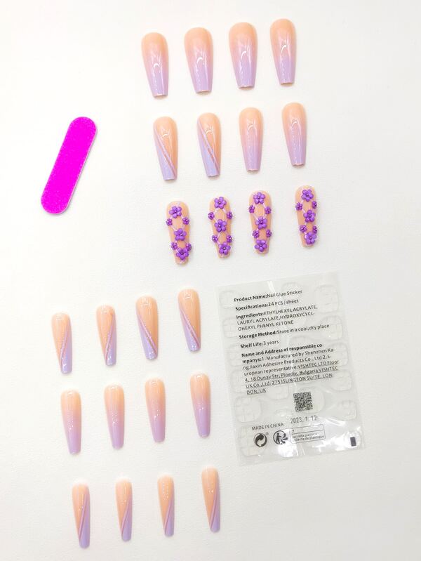 Elevate Your Style With 24pcs Long Coffin Purple Gradient Flowers Decor