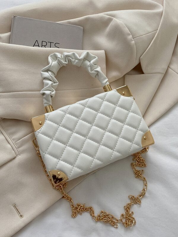 Solid Color Pu Leather Diamond Stitching Small Box Bag, Bow Decoration ...