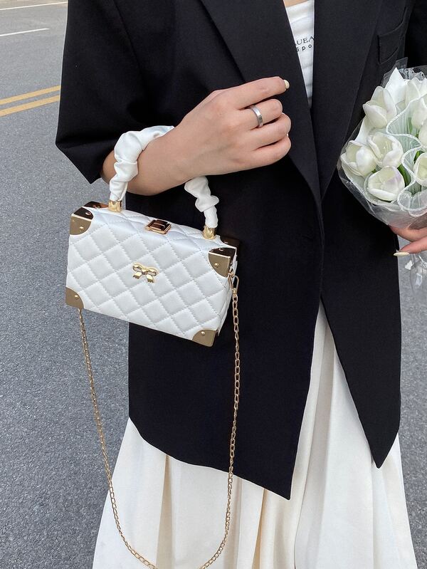 Solid Color Pu Leather Diamond Stitching Small Box Bag, Bow Decoration ...