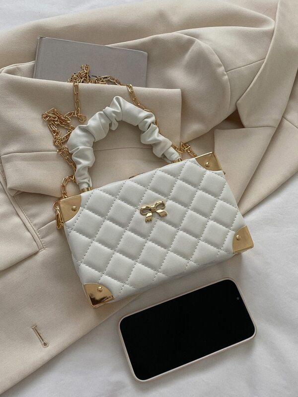 Solid Color Pu Leather Diamond Stitching Small Box Bag, Bow Decoration ...