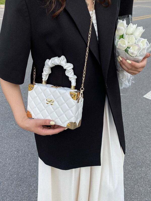 Solid Color Pu Leather Diamond Stitching Small Box Bag, Bow Decoration ...