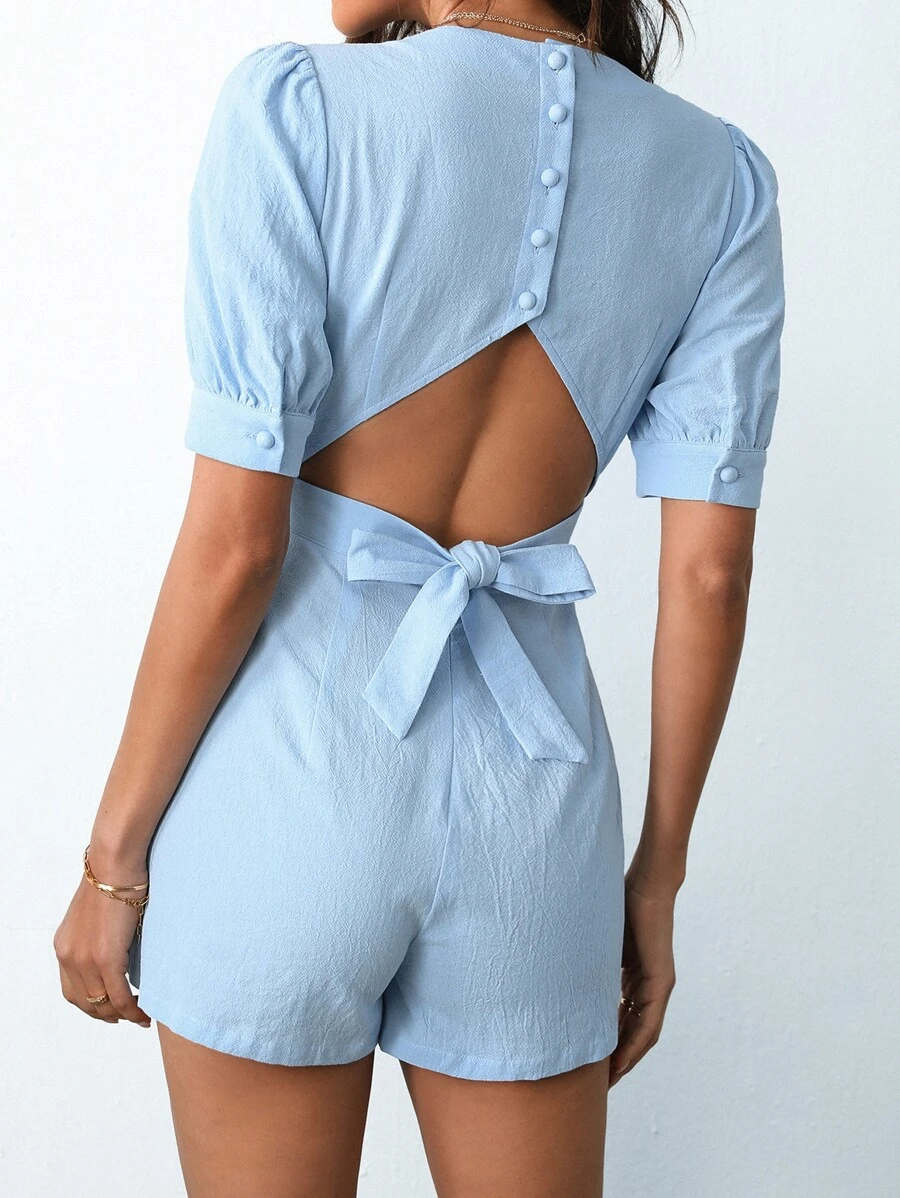 SHEIN Frenchy Button Back Puff Sleeve Tie Back Romper | SHEIN USA