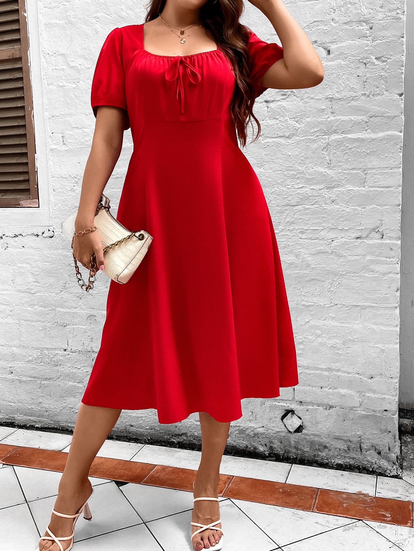 Plus Tie Front Puff Sleeve Dress Shein Usa