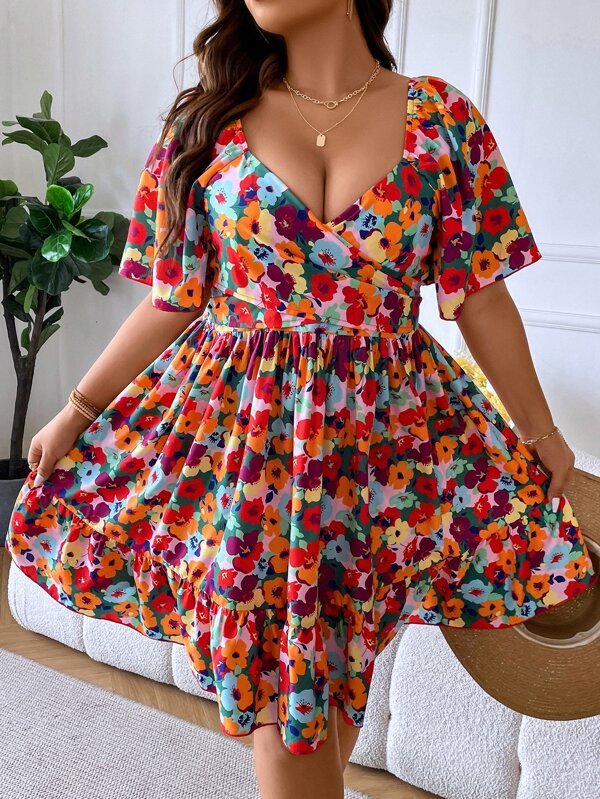 SHEIN VCAY Plus Allover Floral Print Butterfly Sleeve Ruffle Hem Dress | SHEIN USA