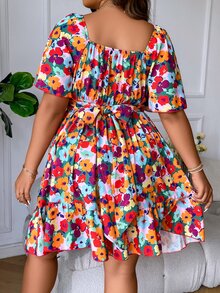 SHEIN VCAY Plus Allover Floral Print Butterfly Sleeve Ruffle Hem Dress | SHEIN USA