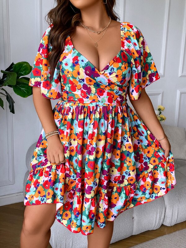 SHEIN VCAY Plus Allover Floral Print Butterfly Sleeve Ruffle Hem Dress | SHEIN USA