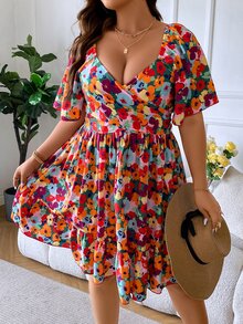 SHEIN VCAY Plus Allover Floral Print Butterfly Sleeve Ruffle Hem Dress | SHEIN USA