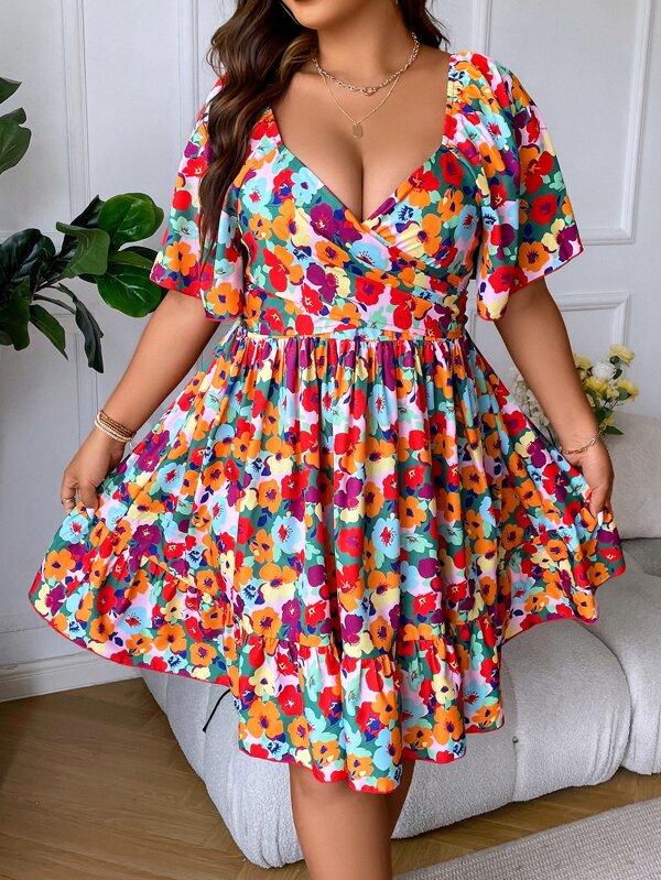 SHEIN VCAY Plus Allover Floral Print Butterfly Sleeve Ruffle Hem Dress | SHEIN USA