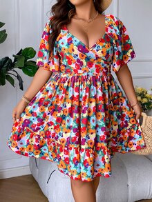 SHEIN VCAY Plus Allover Floral Print Butterfly Sleeve Ruffle Hem Dress | SHEIN USA