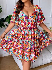 SHEIN VCAY Plus Allover Floral Print Butterfly Sleeve Ruffle Hem Dress | SHEIN USA