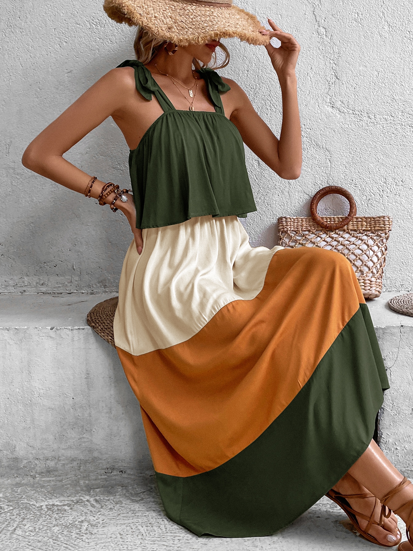 SHEIN VCAY Colorblock Tie Shoulder Cami Dress | SHEIN USA