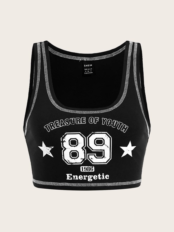 SHEIN EZwear Star & Slogan Graphic Top-stitching Tank Top | SHEIN USA