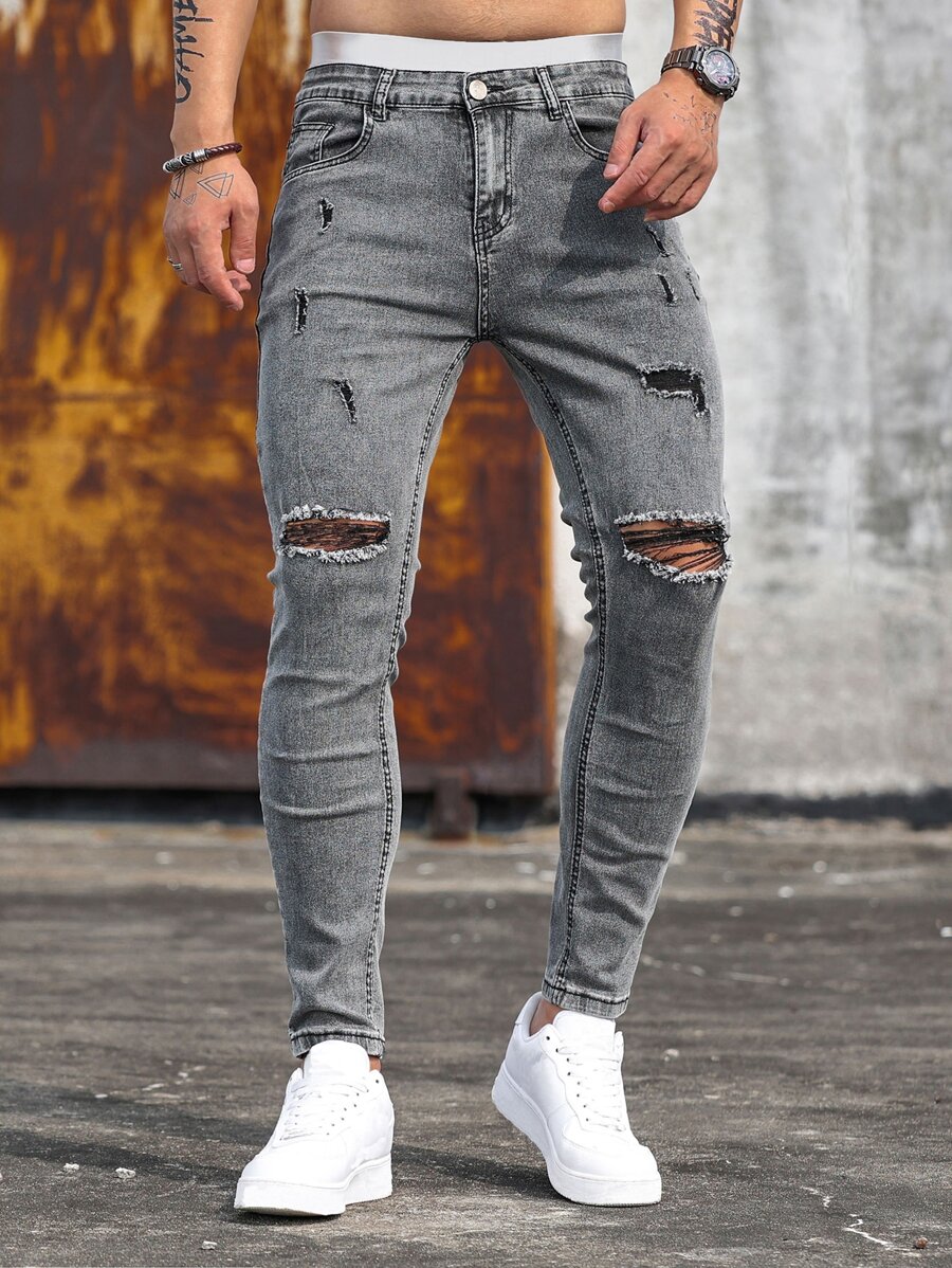 Manfinity LEGND Men Cotton Ripped Frayed Skinny Jeans Slim Fit Long ...