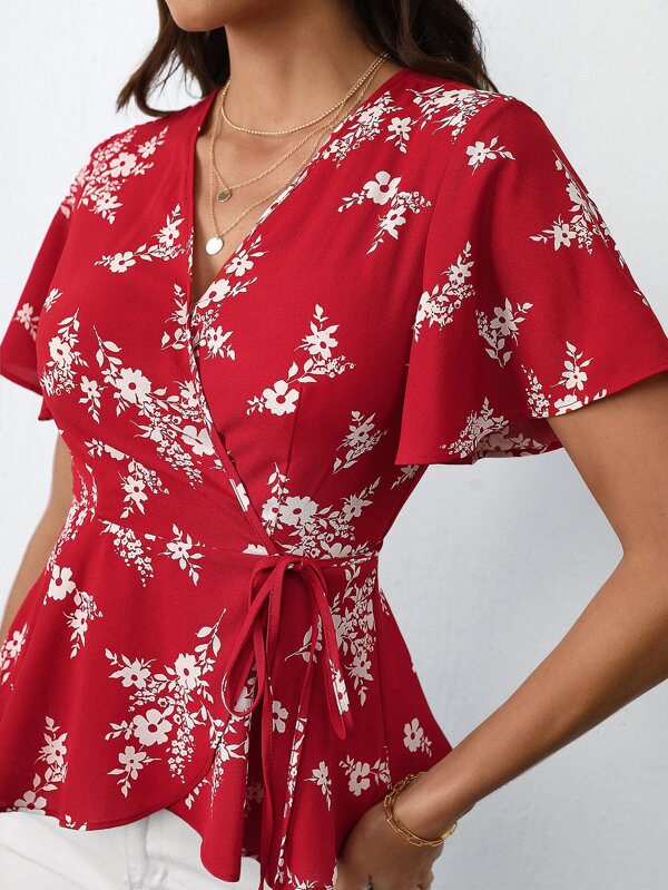 Shein Frenchy Floral Print Butterfly Sleeve Knot Side Wrap Blouse