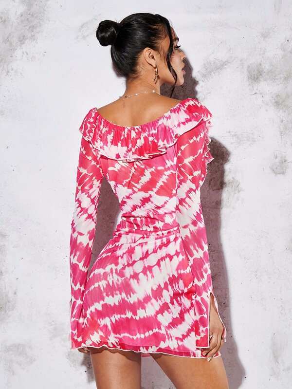 Shein Bae Tie Dye Ruffle Trim Knot Front Bodycon Dress | Shein Usa