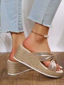 Women Knot Decor Metallic Sandals, Vacation Gold Wedge Slide Sandals ...