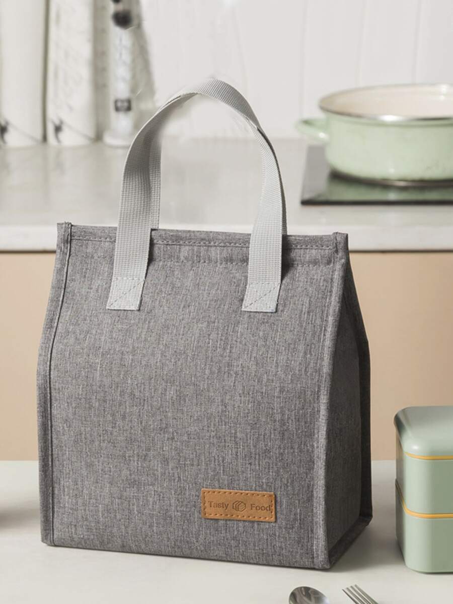 1pc Gray Lunch Bag, Polyester Patch Detail Reusable Lunch Box For ...