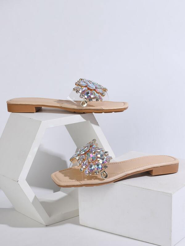 Women Rhinestone Decor Clear Strap Slide Sandals, Glass Fashionable ...