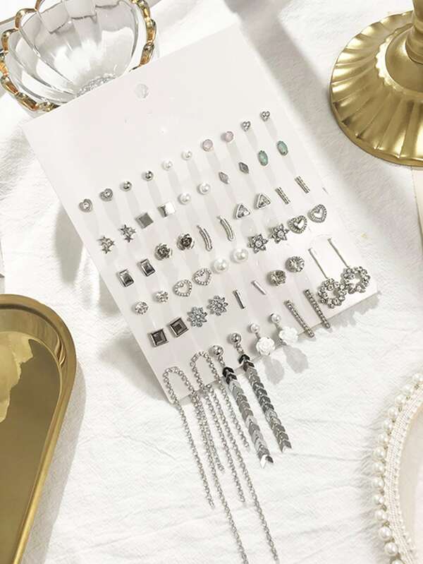 30pairs/set Rhinestone & Faux Pearl Decor Earrings | SHEIN USA