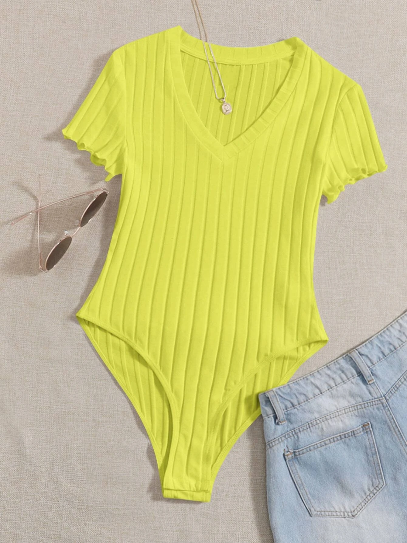 Shein Ezwear Solid Ribbed Knit V Neck Bodysuit For Summer Shein Usa