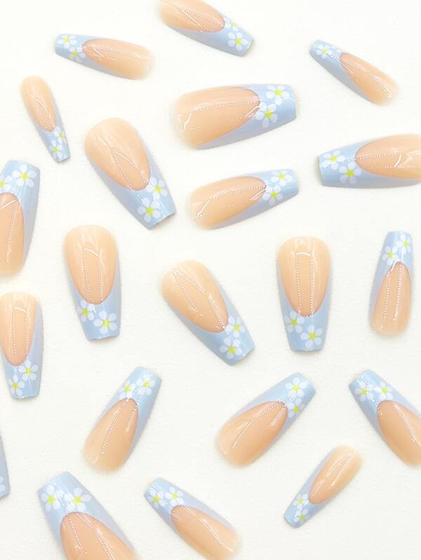 24 stks Lange Doodskist Bloemmotief Nep Nagel & 1 st Nagelvijl & 1 vel ...