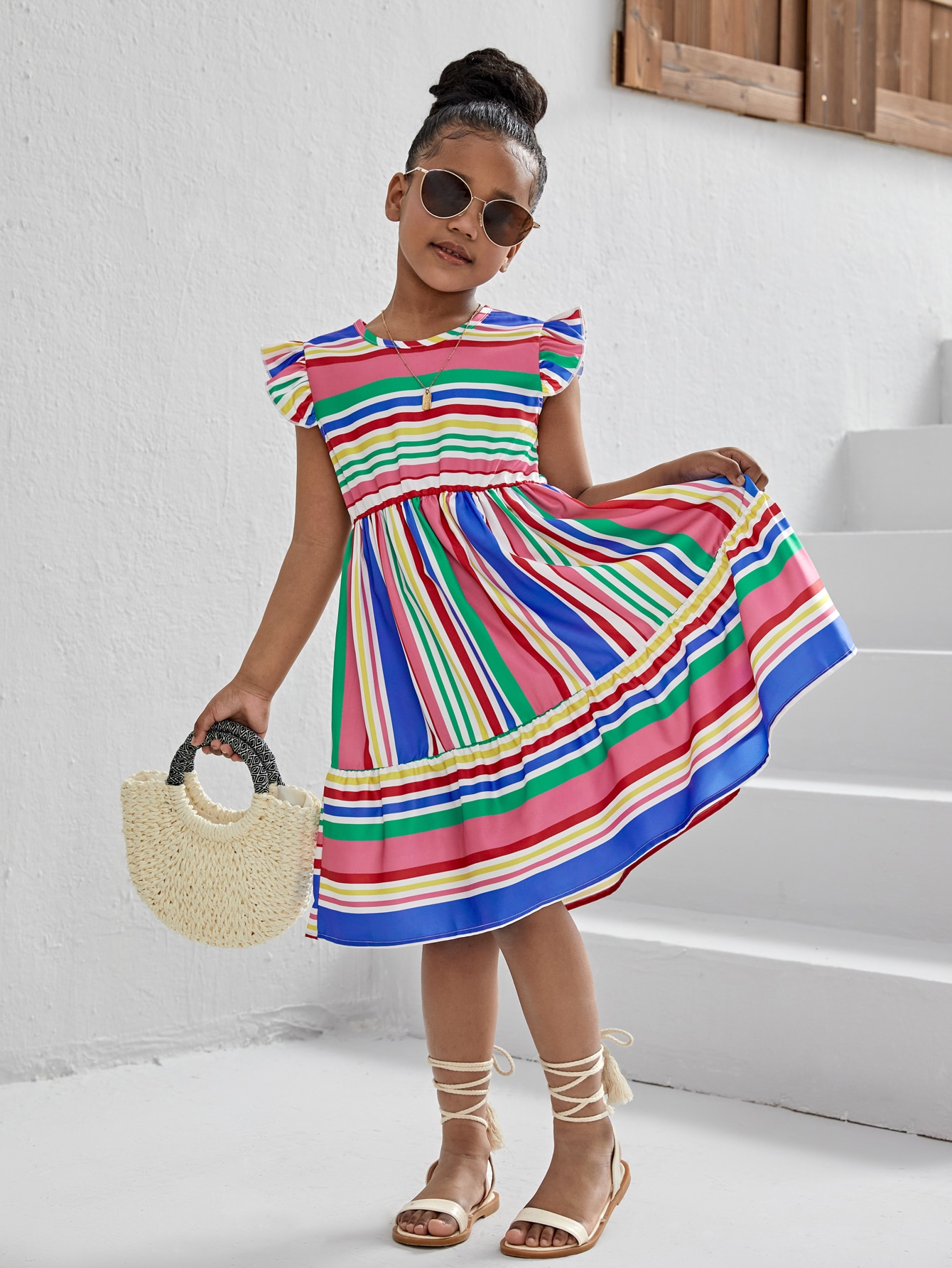 SHEIN Kids Cooltwn Tween Girl Street Style Multi-Color Striped Sweet ...