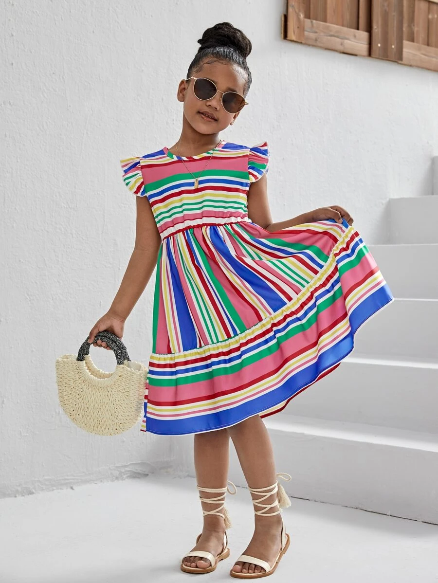 SHEIN Tween Girl Street Style Multi-Color Striped Sweet Round Neck ...
