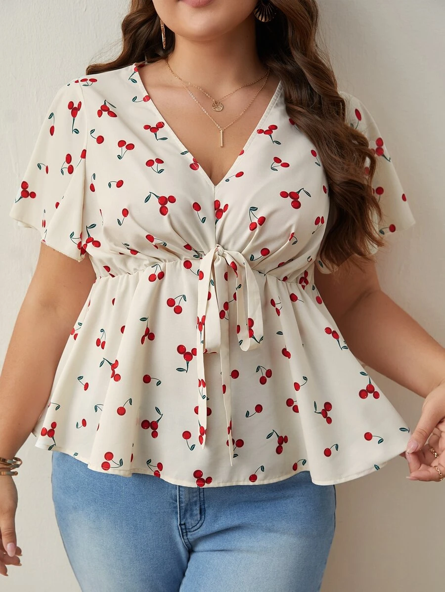 SHEIN Frenchy Plus Cherry Print Knot Front Peplum Blouse | SHEIN USA