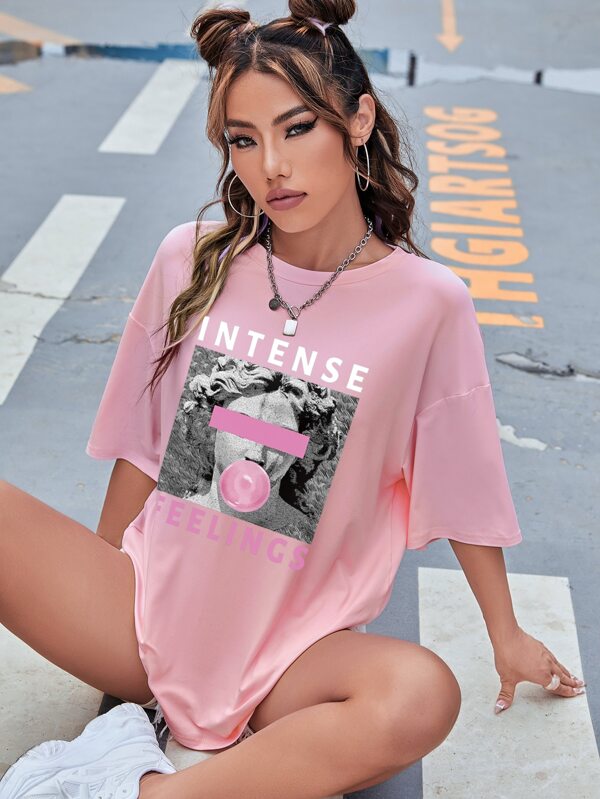 Shein Ezwear Sculpture And Letter Graphic Drop Shoulder Oversized Tee