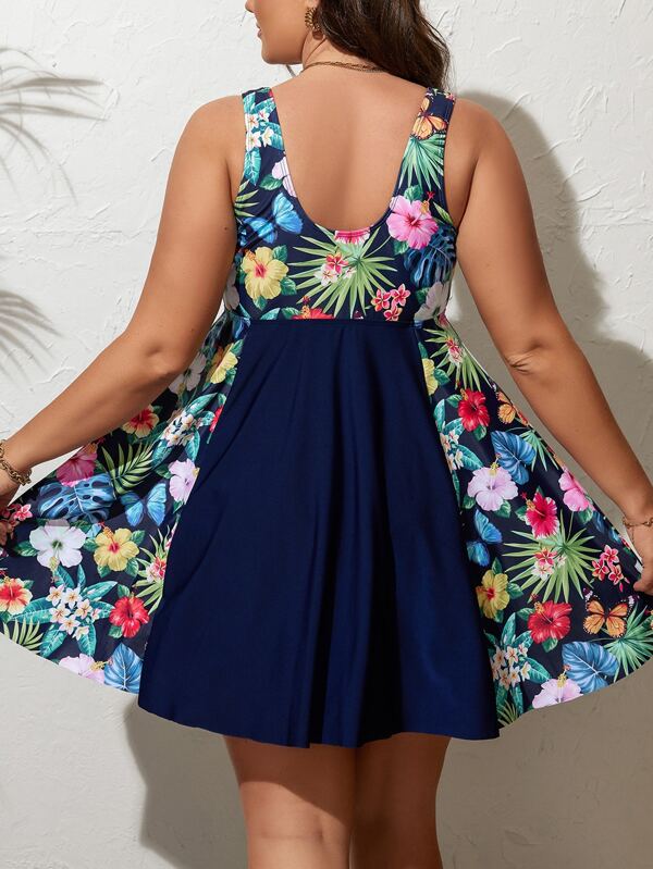 Shein Swim Classy Plus Tropical Print Tankini Set Drawstring Front