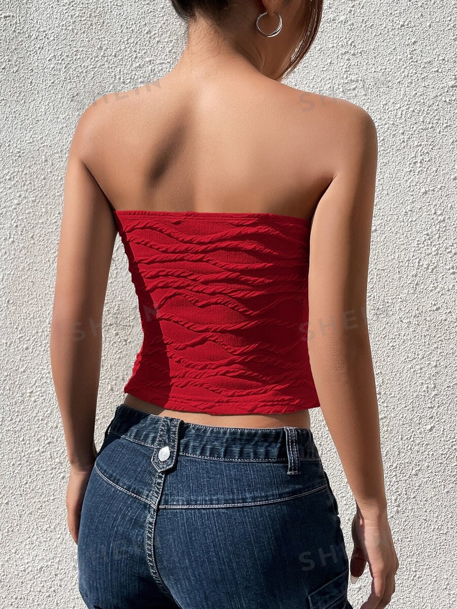 SHEIN EZwear Summer Solid Cherry Red Textured Tube Slim Fit Top | SHEIN USA