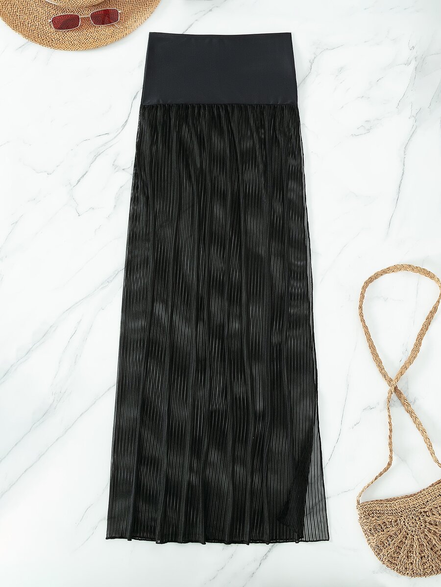 Solid Pleated Split Thigh Mesh Overlay Skirt | SHEIN USA