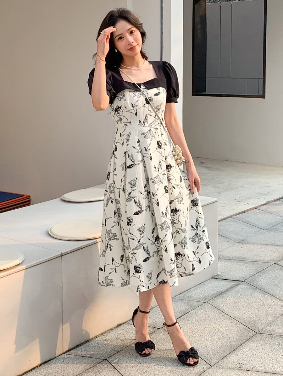 DAZY Floral Print Square Neck Puff Sleeve Dress | SHEIN UK
