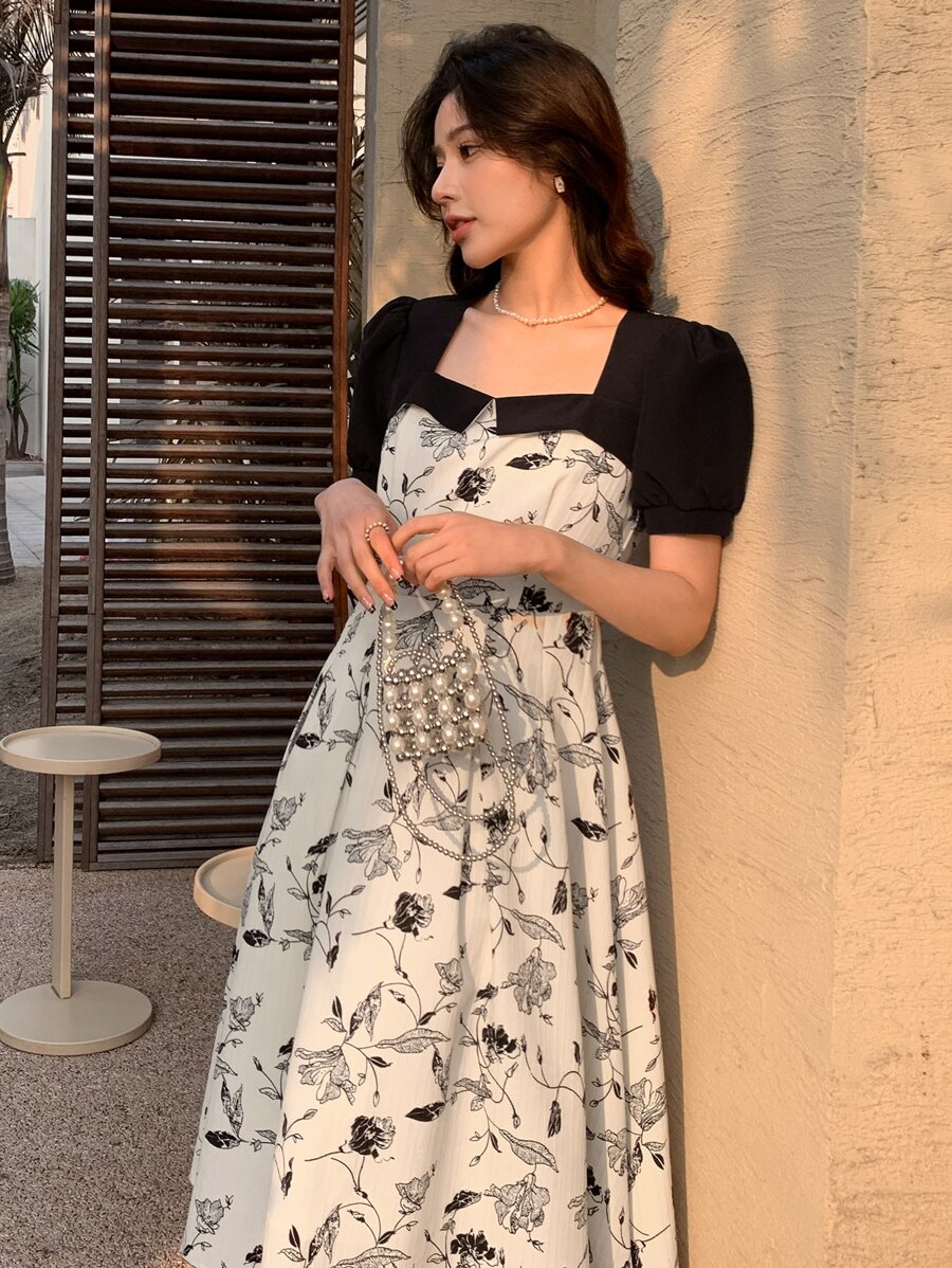 DAZY Floral Print Square Neck Puff Sleeve Dress | SHEIN UK