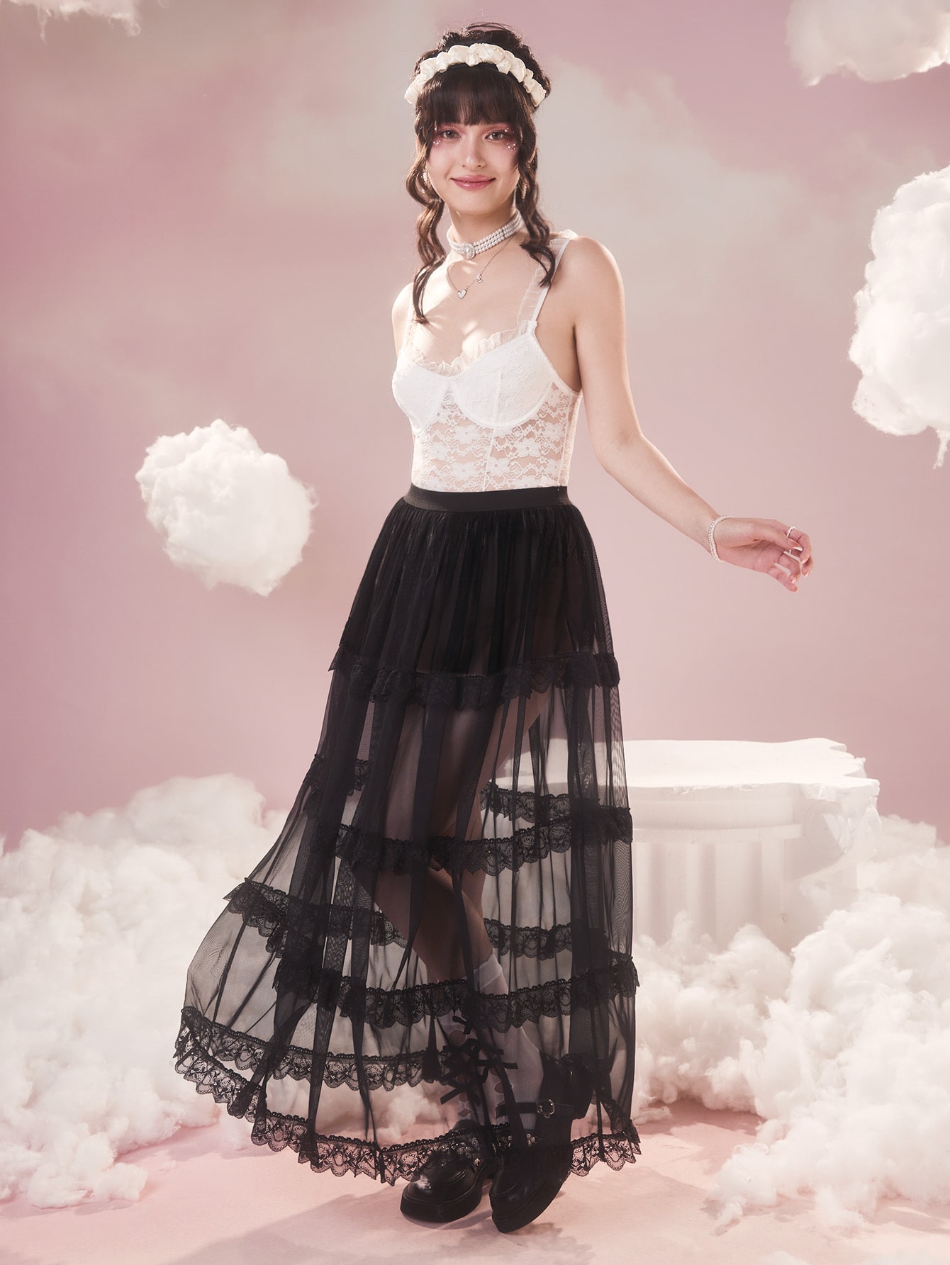 Kawaii Contrast Lace Mesh Skirt Shein Usa