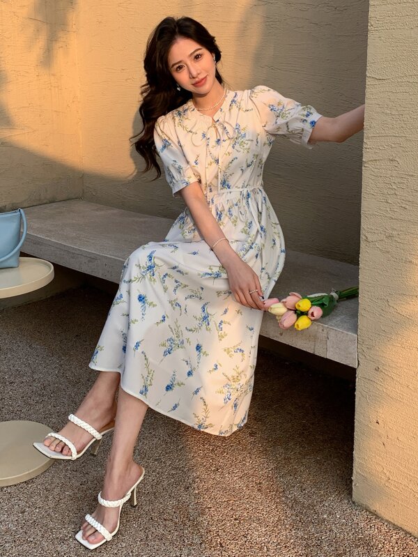 DAZY Floral Print Puff Sleeve Belted Dress | SHEIN UK