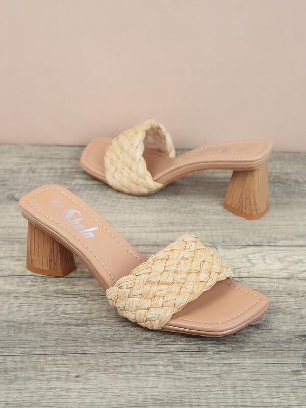 Braided Raffia Square Open Toe Mule Heels | SHEIN USA